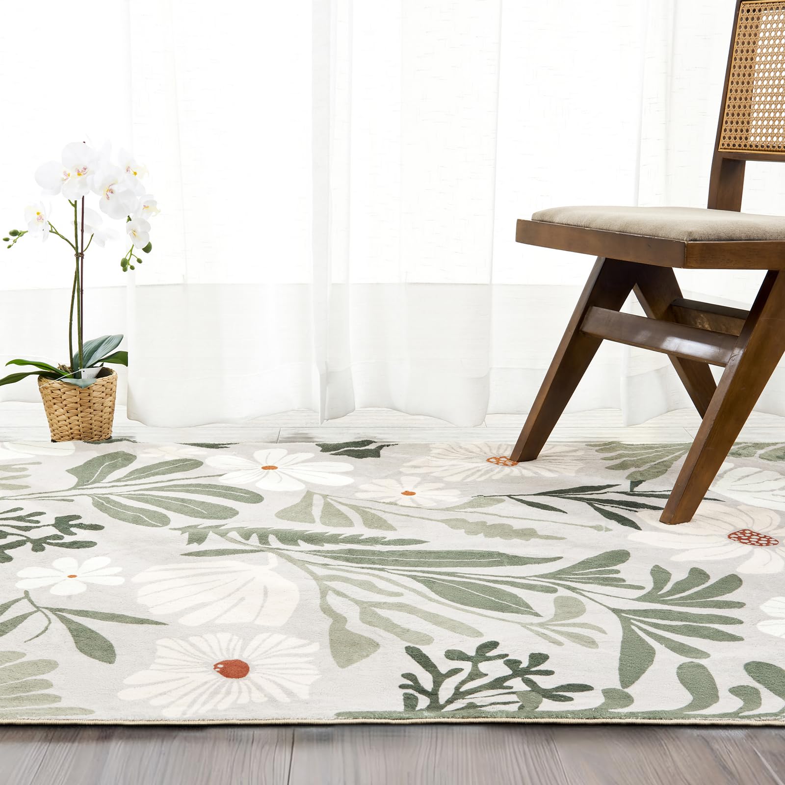 RoomTalks Cute Funky Bedroom Rugs Aesthetic Decor, 4x6 Washable Area Rug Non Slip Sage Green Boho Floral Botanical Rug Modern Abstract Throw Rug Accent Carpet for Living Room Kitchen Entryway Dorm