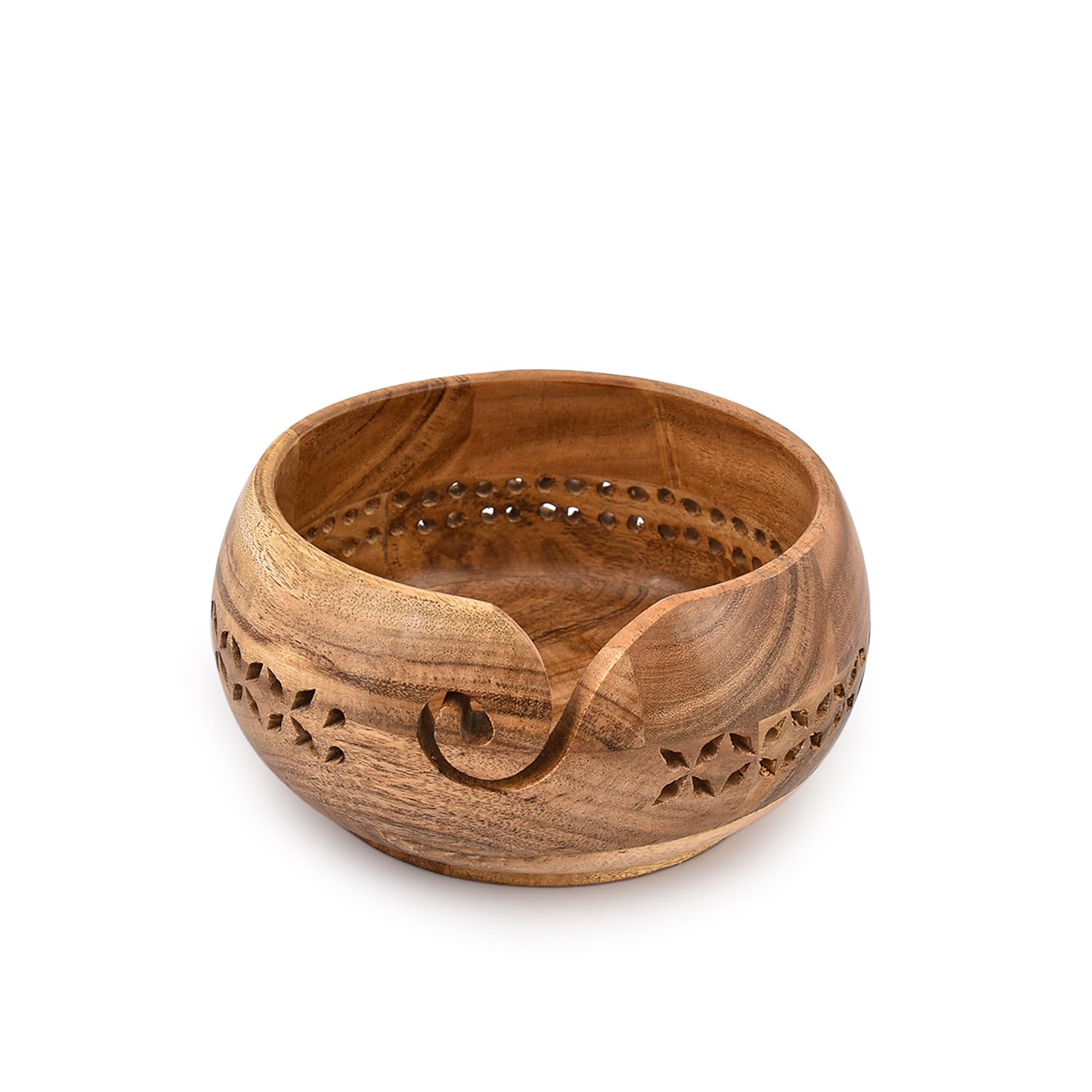 SAMHITA Acacia Wood Yarn Bowl Holder |Handmade Crocheting Accessories and Supplies Organizer (7" x 7" x 4")