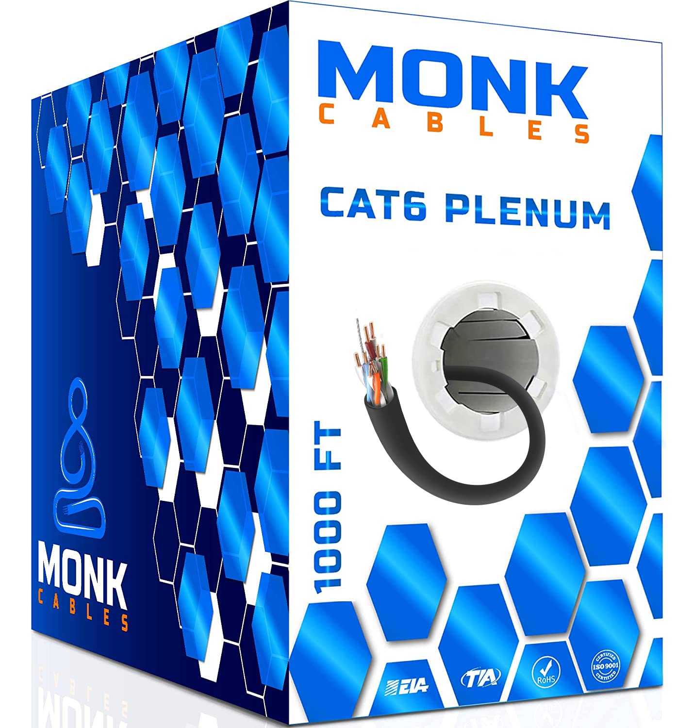 MONK CABLES | CAT6 Plenum Cable 1000ft | UTP, 23AWG, 550MHz | DSX-8000 Certified | Most Certified Cable of The Whole Market (Black/White)