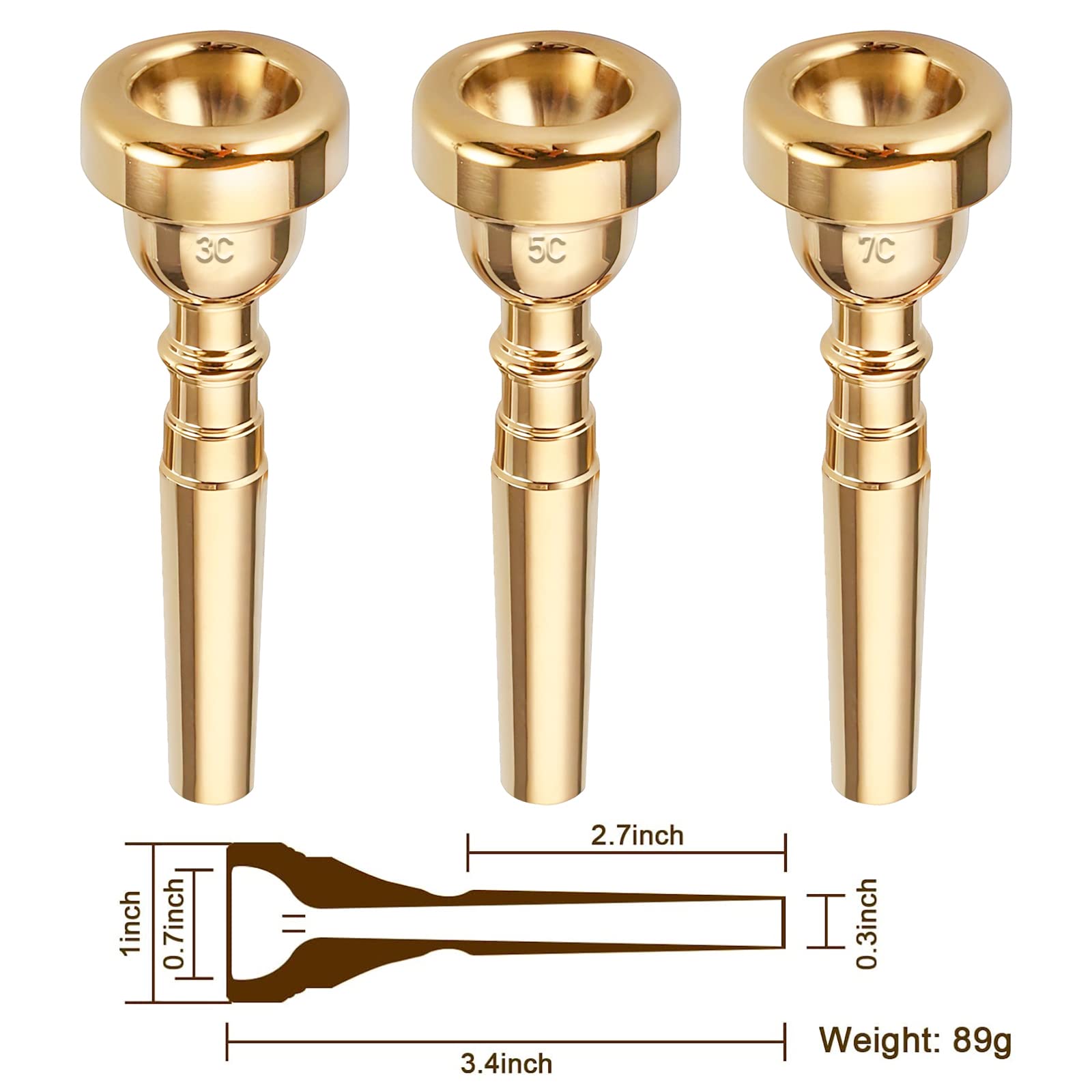 Lespielend Trumpet Mounthpiece Set(3c 5c 7c) 3 Pack Gold Plated for Beginner,Professional Player