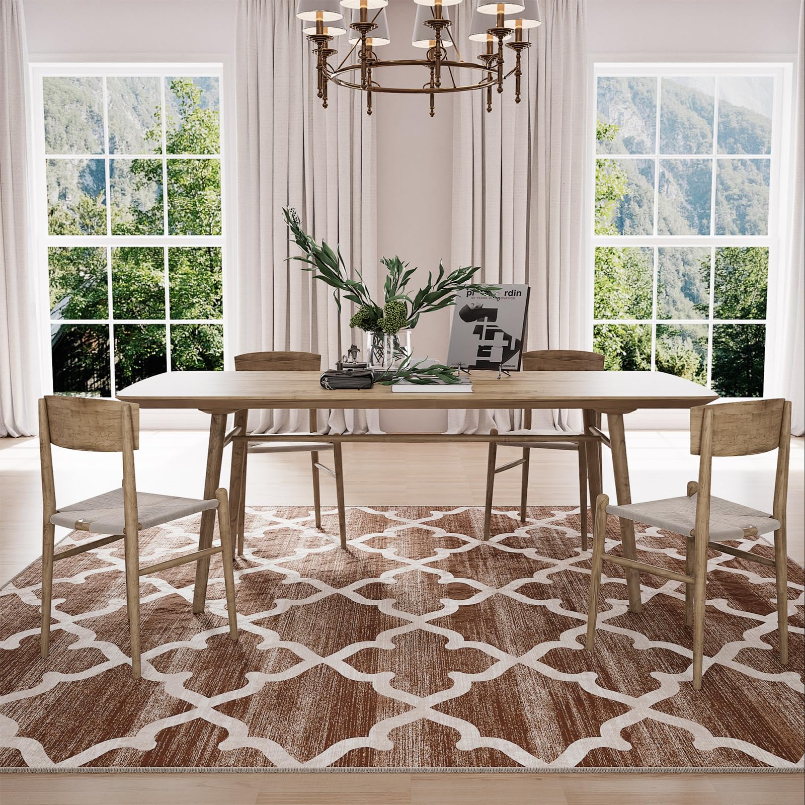 RELEANY 8x10 Area Rugs for Living Room Machine Washable Non-Slip Brown Rugs Moroccan Modern Trellis Carpet for Dining Room Bedroom Kitchen Indoor Entryway Laundry Room