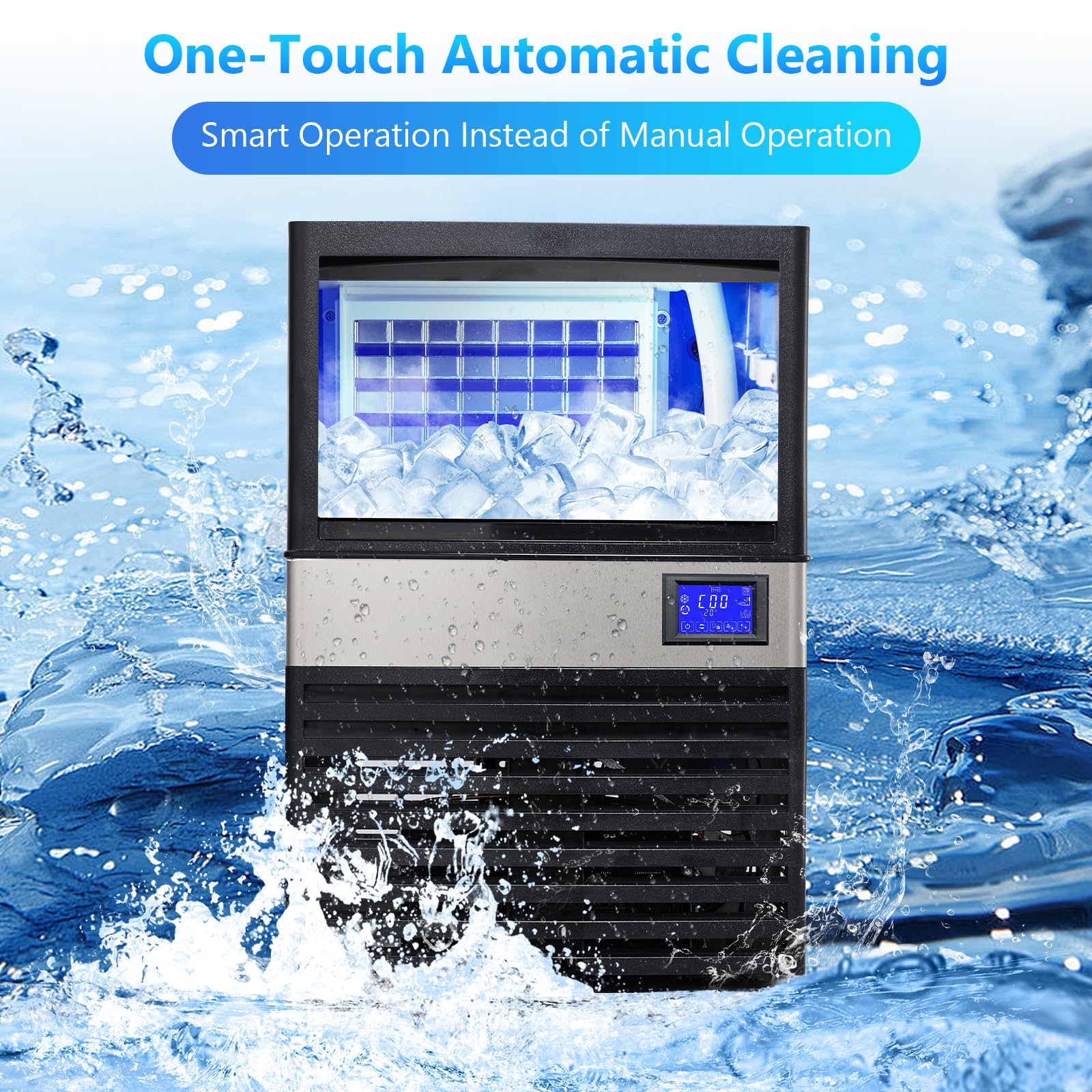 Pioneerworks Commercial Ice Maker Machine 110lbs/24H, Under Counter Ice Machine Self Cleaning with 27lbs Storage, LCD Panel and Blue Light, Stainless Steel Ice Maker for Restaurant/Home/Bars/Coffee