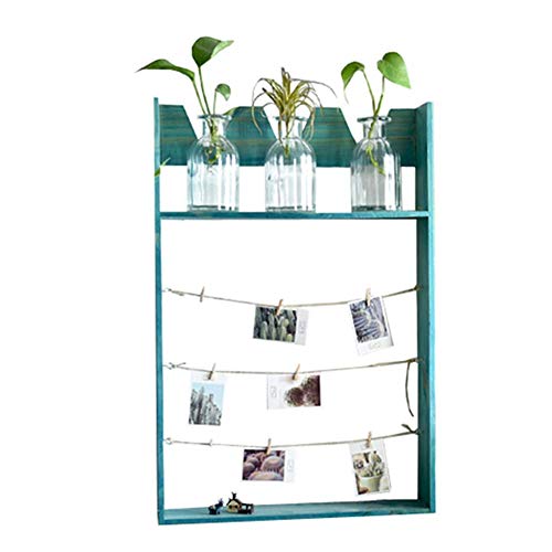 PIBM Stylish Simplicity Shelf Wall Mounted Floating Rack Shelves American Style Solid Wood Photo Retro Multifunction Message Wall Green Plant, Blue , 40X8.5X60CM