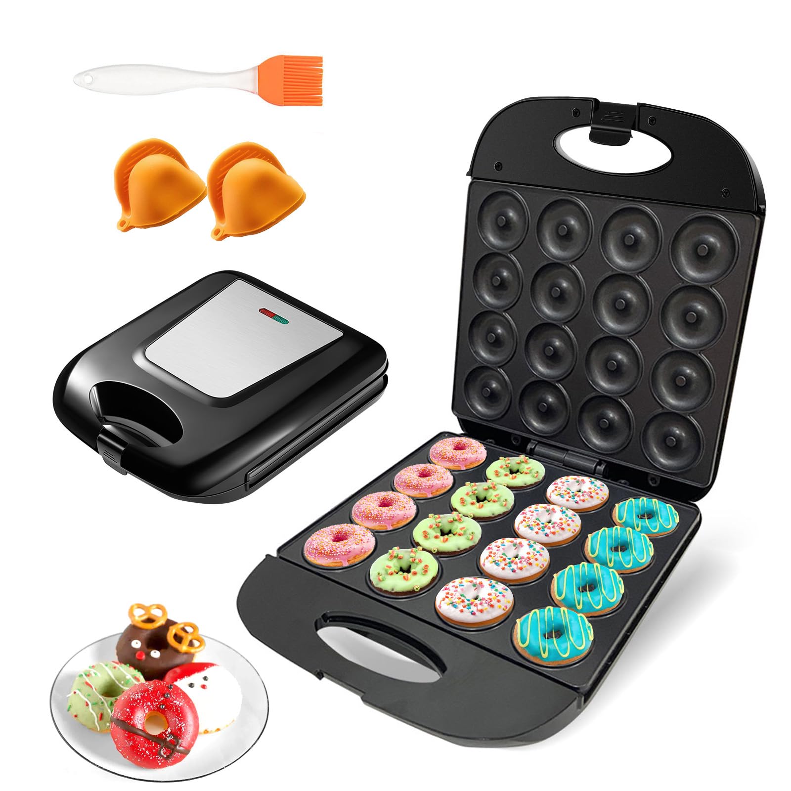 Mini Donut Maker Machine for Home, Kid-Friendly 16-Hole Electric Doughnut and Pancake Maker with Non-Stick Surface, Ideal for Homemade Doughnuts (Black with 1 Pair Mini Oven Gloves & Brush)