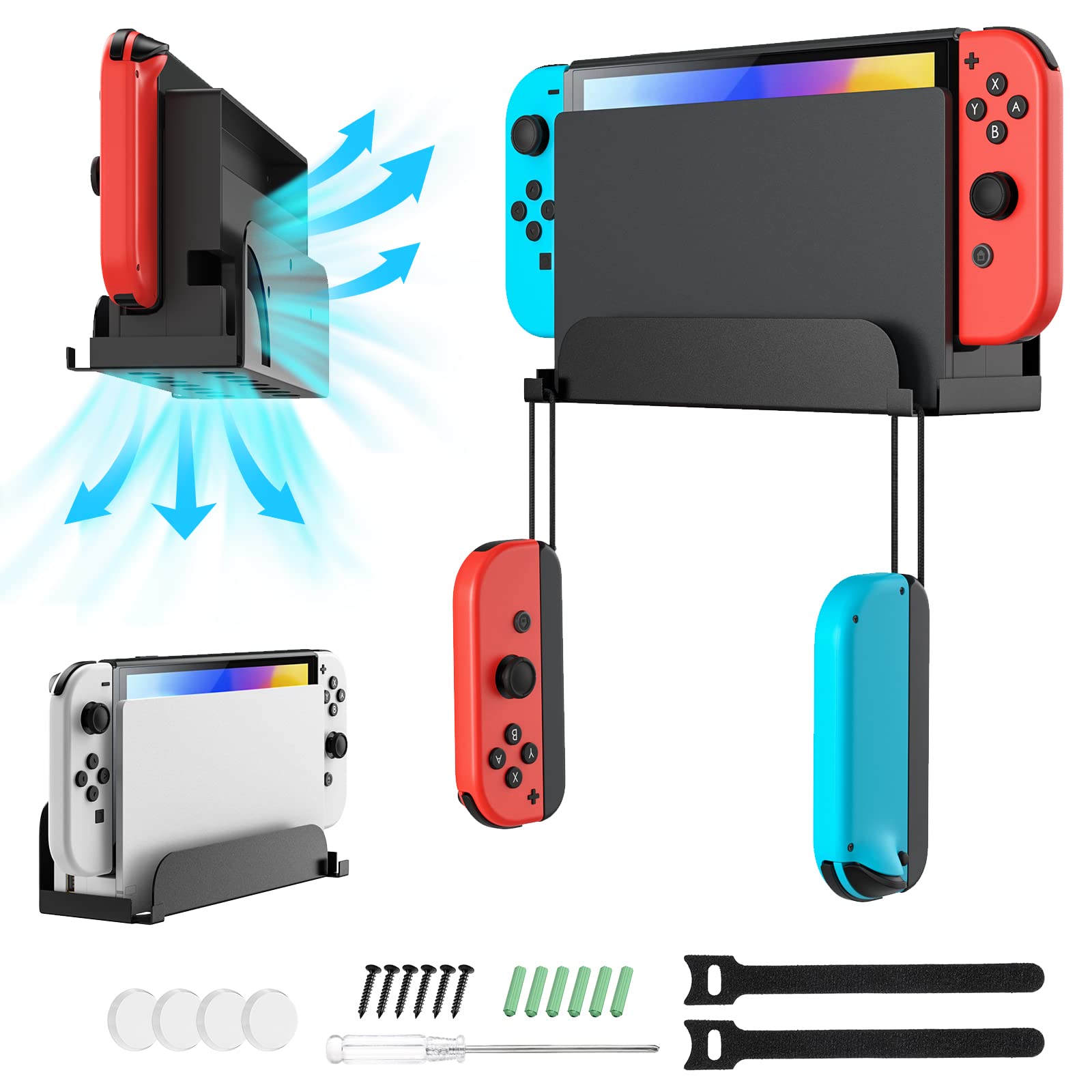 MoKo Wall Mount for Nintendo Switch/Switch OLED, Metal Wall Mount Bracket with Joy-Con Hooks, Airflow Gap Design Fast Heat Dissipation, Safely Store Your Switch Near or Behind TV, Black