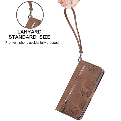 ONV Wallet Case for Oppo Realme 7 Pro - with Zipper Wrist Strap Emboss Flower Flip Phone Case Card Slot Magnet Leather Shell Flip Stand Cover for Oppo Realme 7 Pro[SZY] -Brown