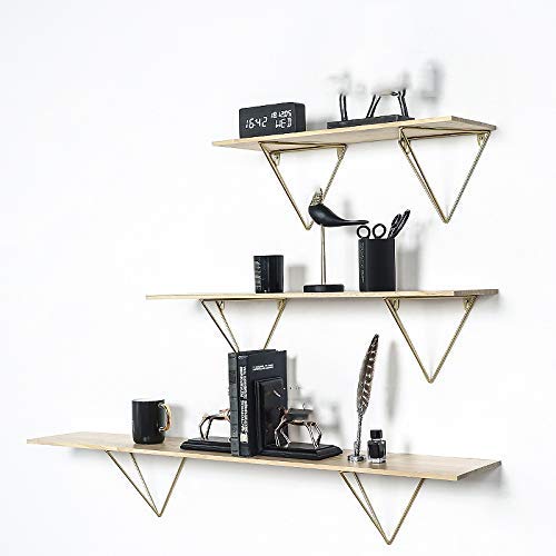 PIBM Stylish Simplicity Shelf Wall Mounted Floating Rack Shelves Iron Art Metal Solid Wood Storage Display Stand Triangle Bracket Living Room Restaurant,4 Sizes, Gold , C119x20.5x20cm