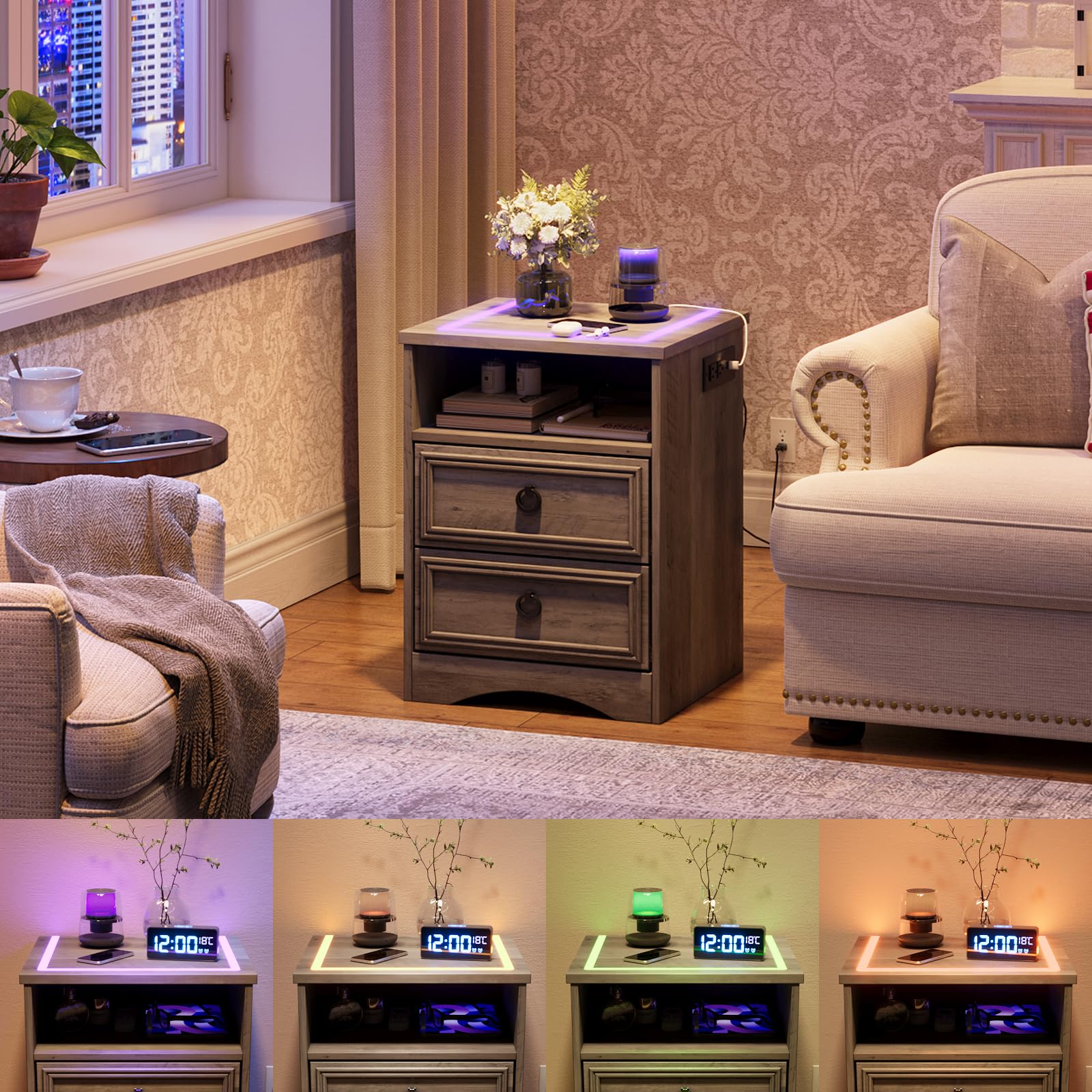 Nightstand with Strip Lights,USB Outlets Set of 2, Night Stand with Drawers, Accent Bed Side Table and End Table with Open Storage for Bedroom, Living Room,Gray