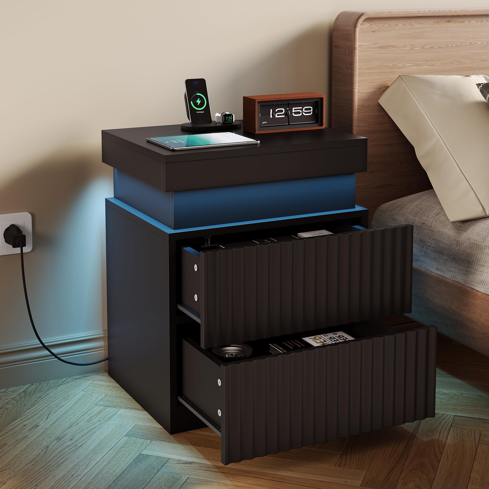 Nightstand Set of 2 Black Nightstand with Charging Station LED Night Stands with Drawers Modern Bedside Table with Sliding Top Night Table Fluted End Tables for Bedroom, Apartment, Dorm