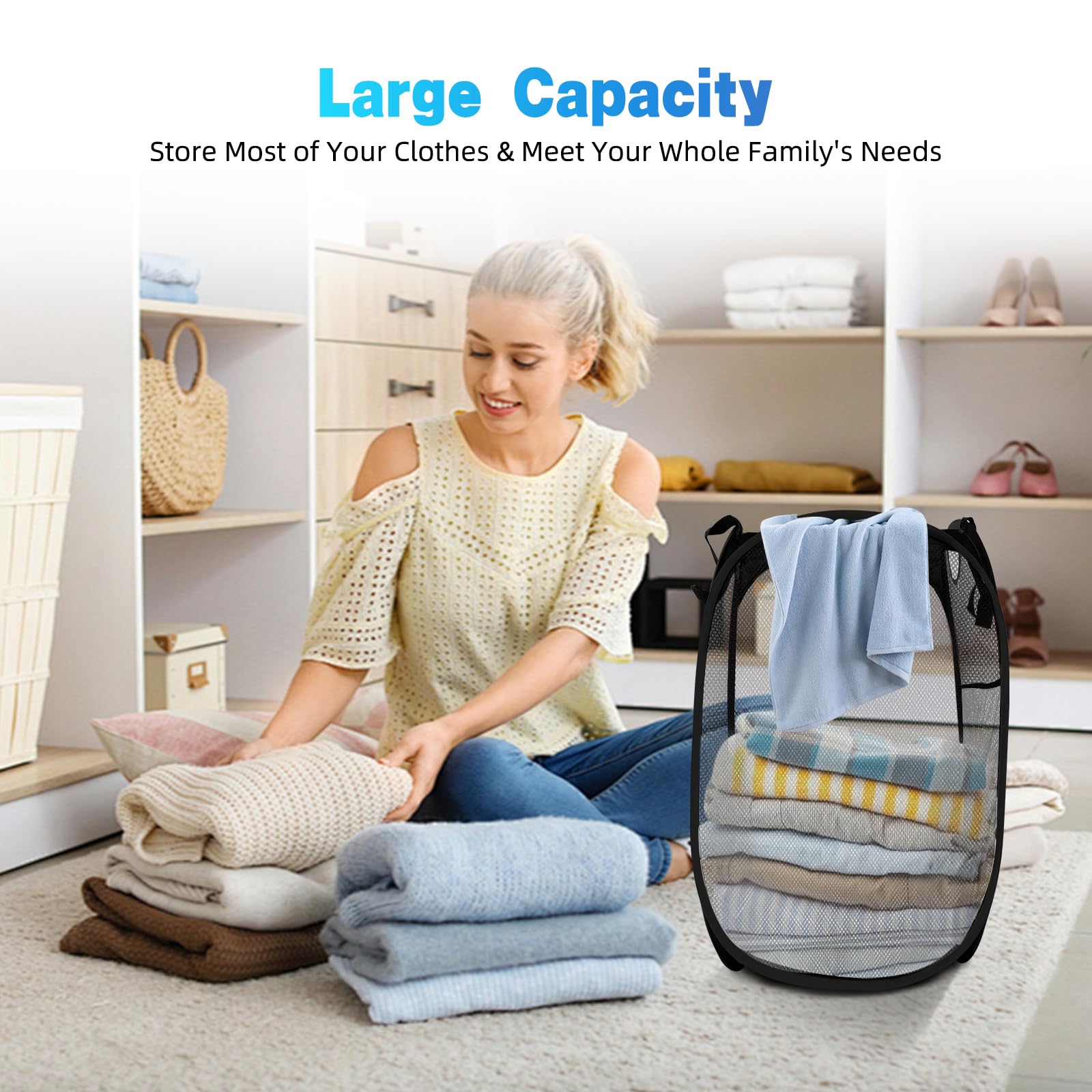 RocoReny Collapsible Laundry Mesh Basket with Pop Up Hamper & Wide Opening Mesh, Breathable, Sturdy, Foldable, and Space-Saving Design for Clothes and Storage.