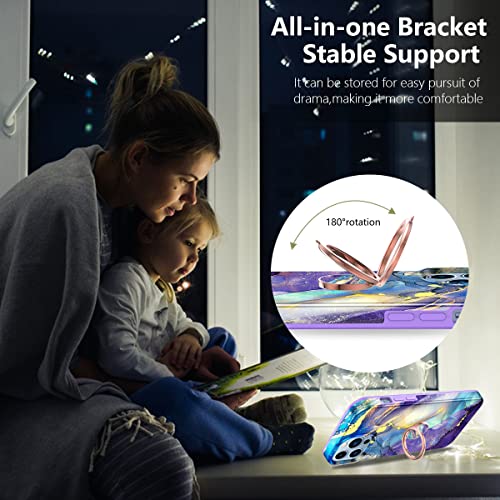 Rancase Compatible with iPhone 13 Pro Max Case with Ring Stand [360°Rotatable Ring Holder] Durable Marble Shockproof Kickstand TPU Slim Bumper Girls Case for iPhone 13 Pro Max 6.7 inch,Purple