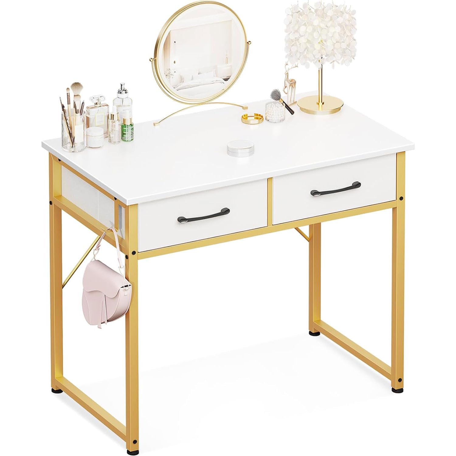 ODK Vanity Desk Without Mirror, Makeup Vanity with 2 Fabirc Drawers, White Vanity Dressing Vanity Table with Versatile Hook, 32 Inch Small Vanity for Bedroom, Desk Make Up for Girls, White and Gold