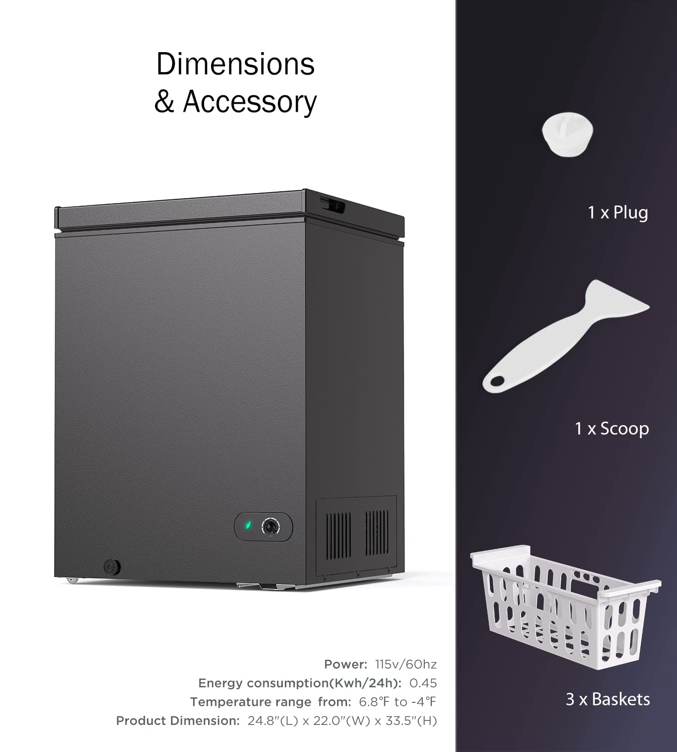 Northair Chest Freezer - 5 Cu Ft with 3 Removable Plastic Baskets - Reach In Freezer Chest - Quiet Compact Freezer - 7 Temperature Settings - Black (3.5 Cubic Feet, Black)