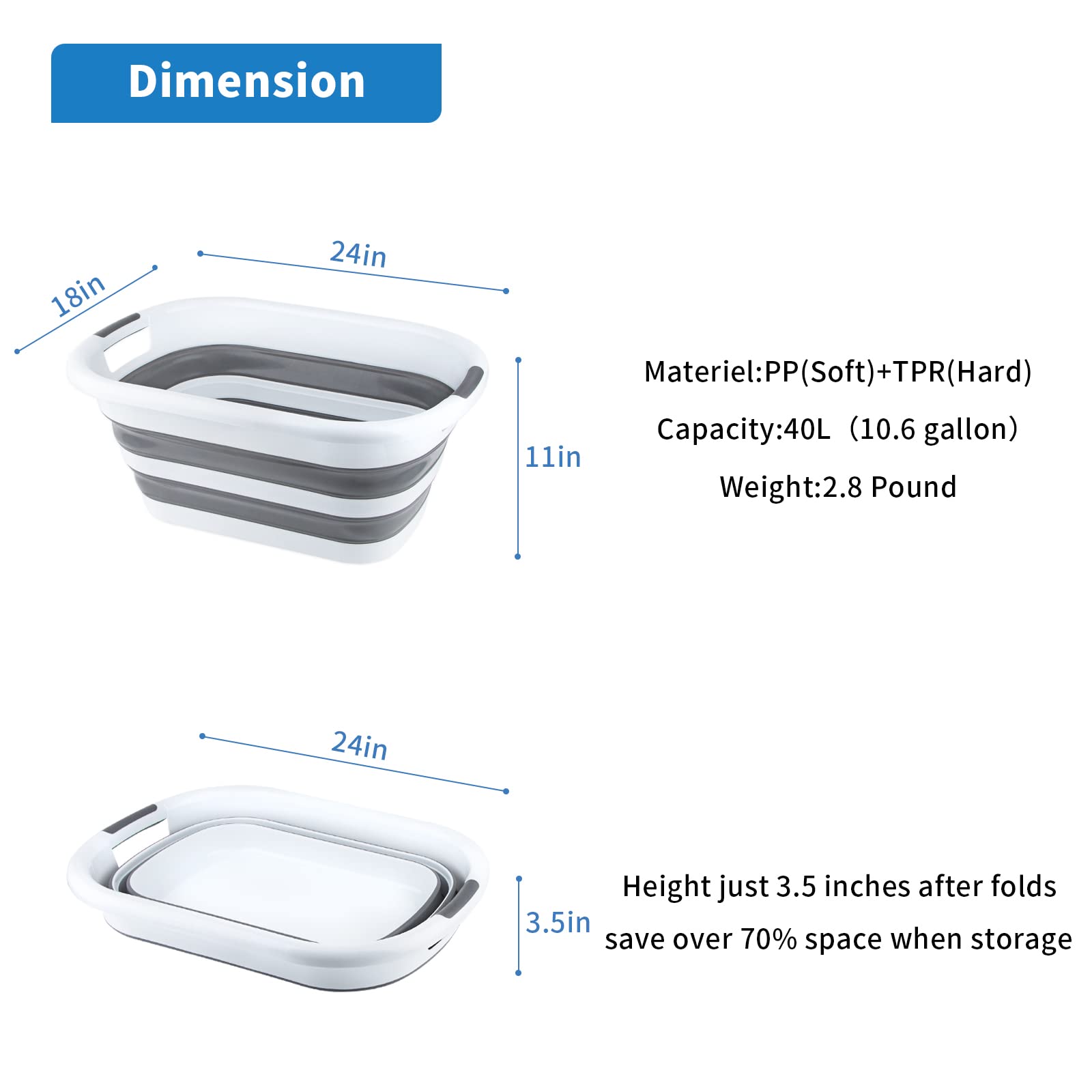 Set of 2 Collapsible Laundry Baskets 40L 10.6 Gallon Plastic Washing Tub Large Portable Pop-Up Clothes Hamper For Laundry Organizer Foldable Big Folding Storage Cleaning Containers Space Saving