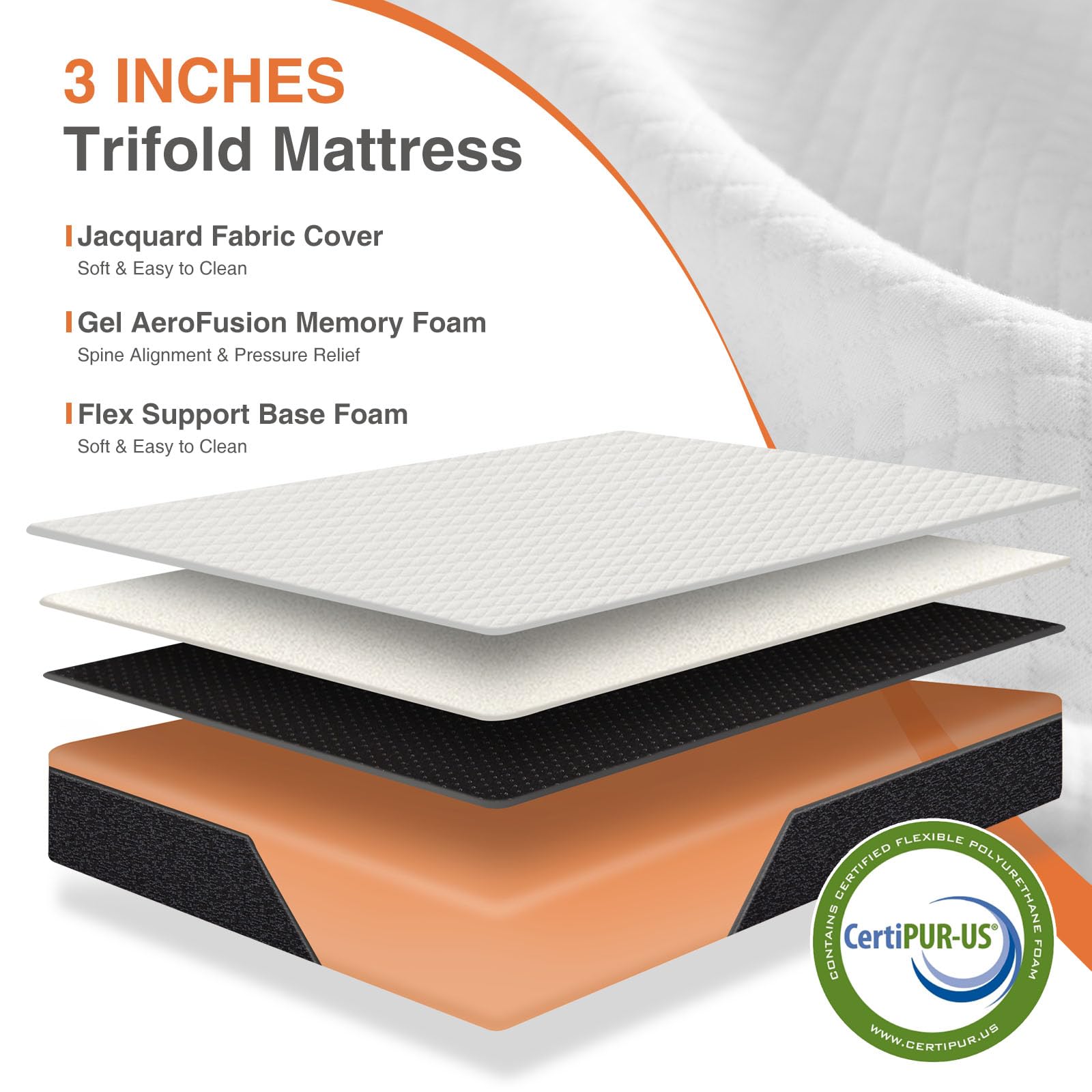 Sweetcrispy Tri Folding Mattress - 3 inch Single Size Memory Foam Floor Mattress for Camping, Foldable Portable Mat with Washable Cover, Yoga