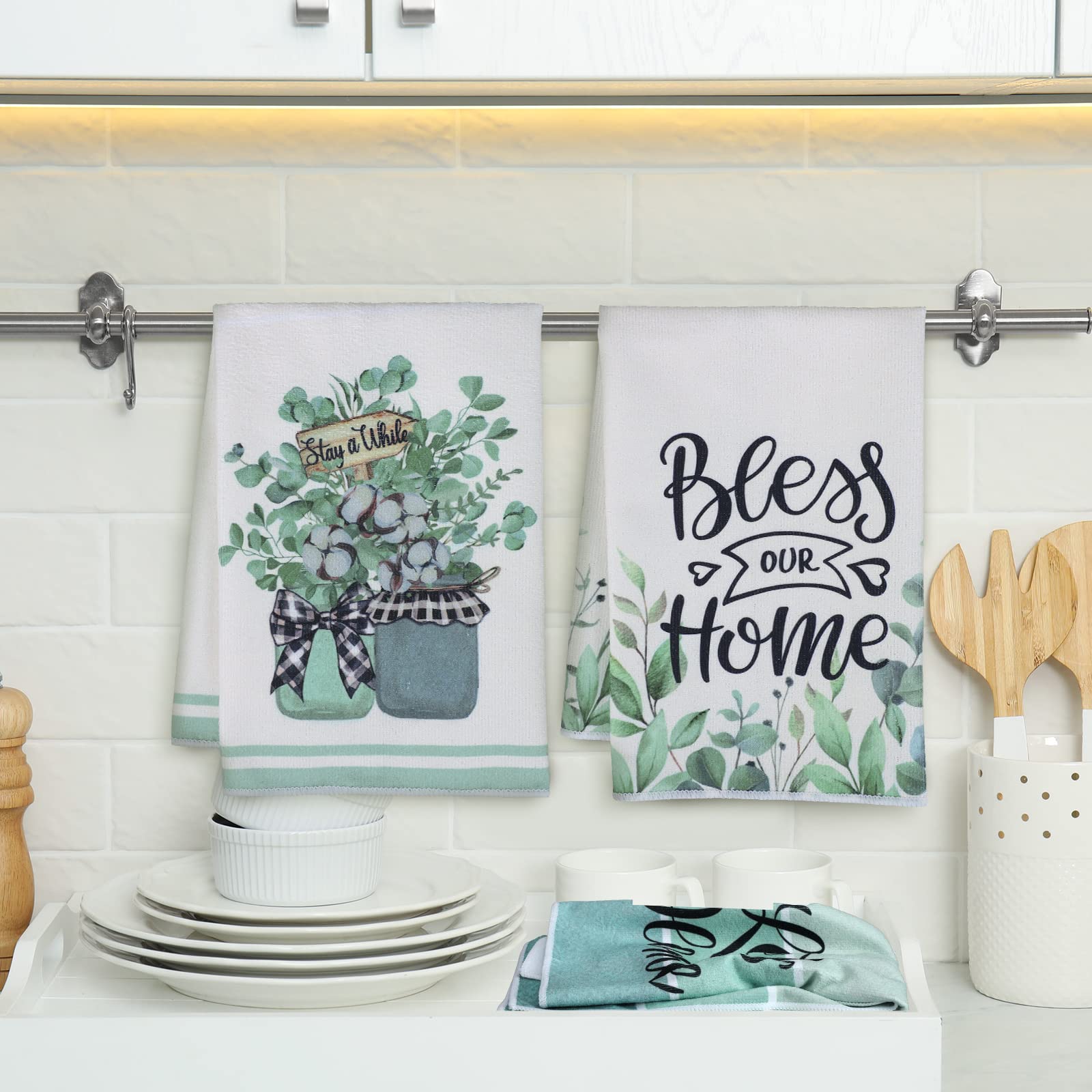 Kajaia 6 Pcs Spring Kitchen Towels Eucalyptus Leaves Hand Towels 15.7 x 23.6 Inch Summer Green Dish Towel Farmhouse Absorbent Decorative Tea Towels Dishcloths for Home Bathroom Decor Housewarming Gift