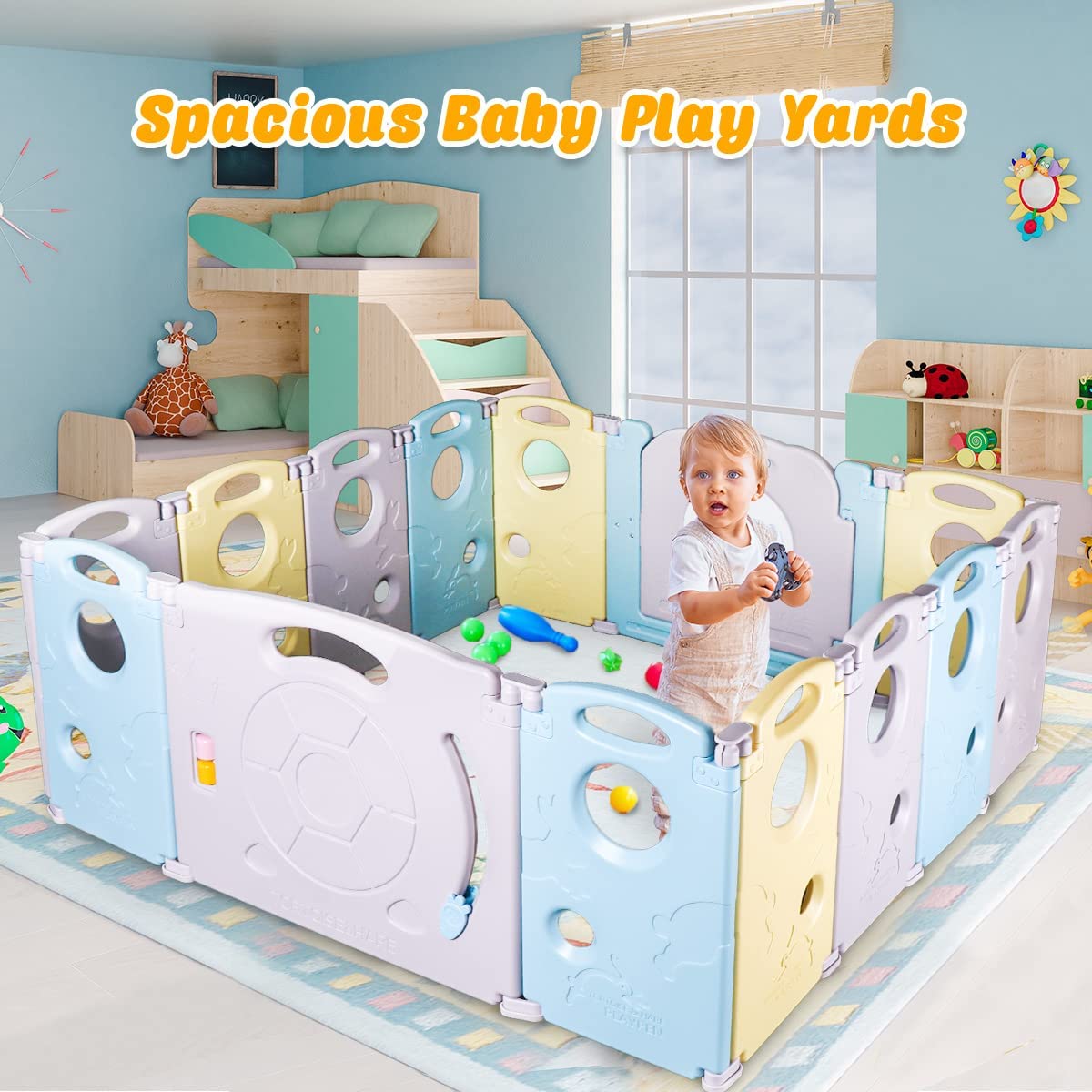 Meland Foldable Baby Playpen with Mat - Baby Play Yard Baby Gate Playpen, Sturdy Baby Fence Play Area with Whiteboard and Activity Center, 14 Panel