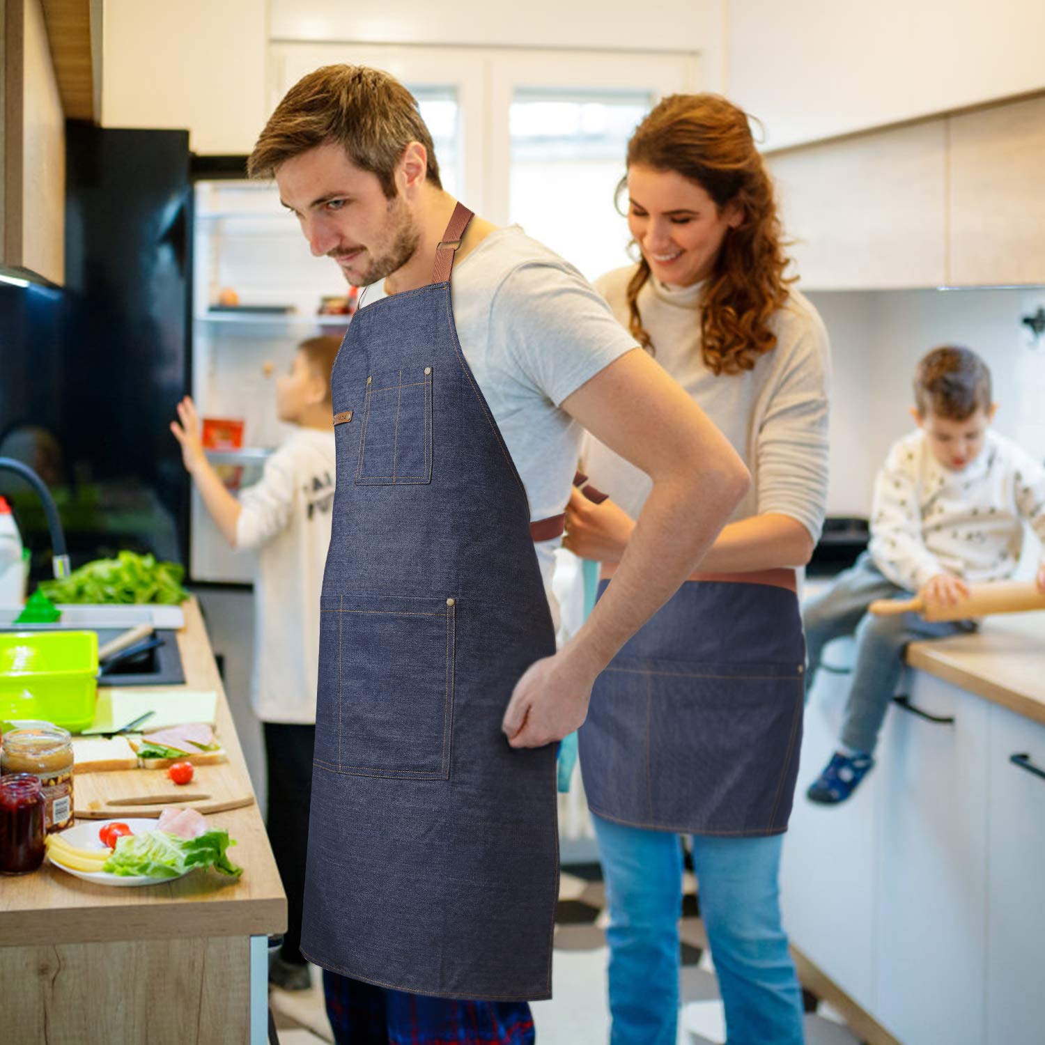 KPD 2 Pack Blue Unisex Waist Denim Aprons for Home and Kitchen,Chef Denim Apron For Waitress Half Short Aprons Restaurant For Women Men Serve