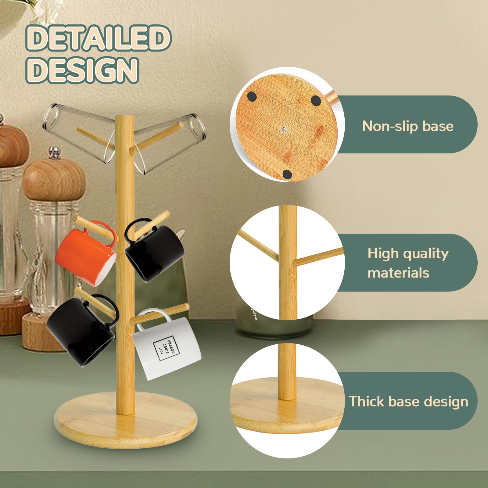 Roucerlin 1 Pack Wooden Coffee Mug Tree, Mug Holder Tree with 6 Hooks, Self-Mounting Mug Tree for Counter, Coffee Mug Stand Rack for Kitchen, Living Room, Coffee Station, Bar (Wood)