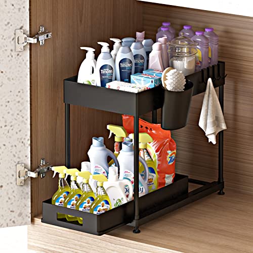 NYYTGE Under Sink Organizer Under Bathroom Cabinet Storage 2 Tier Storage Rack with 4 Hooks, Under Cabinet Organizer Baskets, Multi-purpose Under Sink Shelf Organizer for Bathroom Kitchen