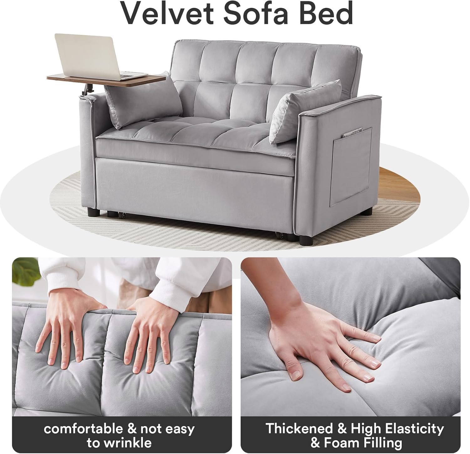 Rovibek Convertible Sofa Bed Couch Pull Out 3 in 1 Futon Loveseat Sleeper 2 Seat Velvet Lounge for Living Room, Adjustable Backrest, with Side Table, Black