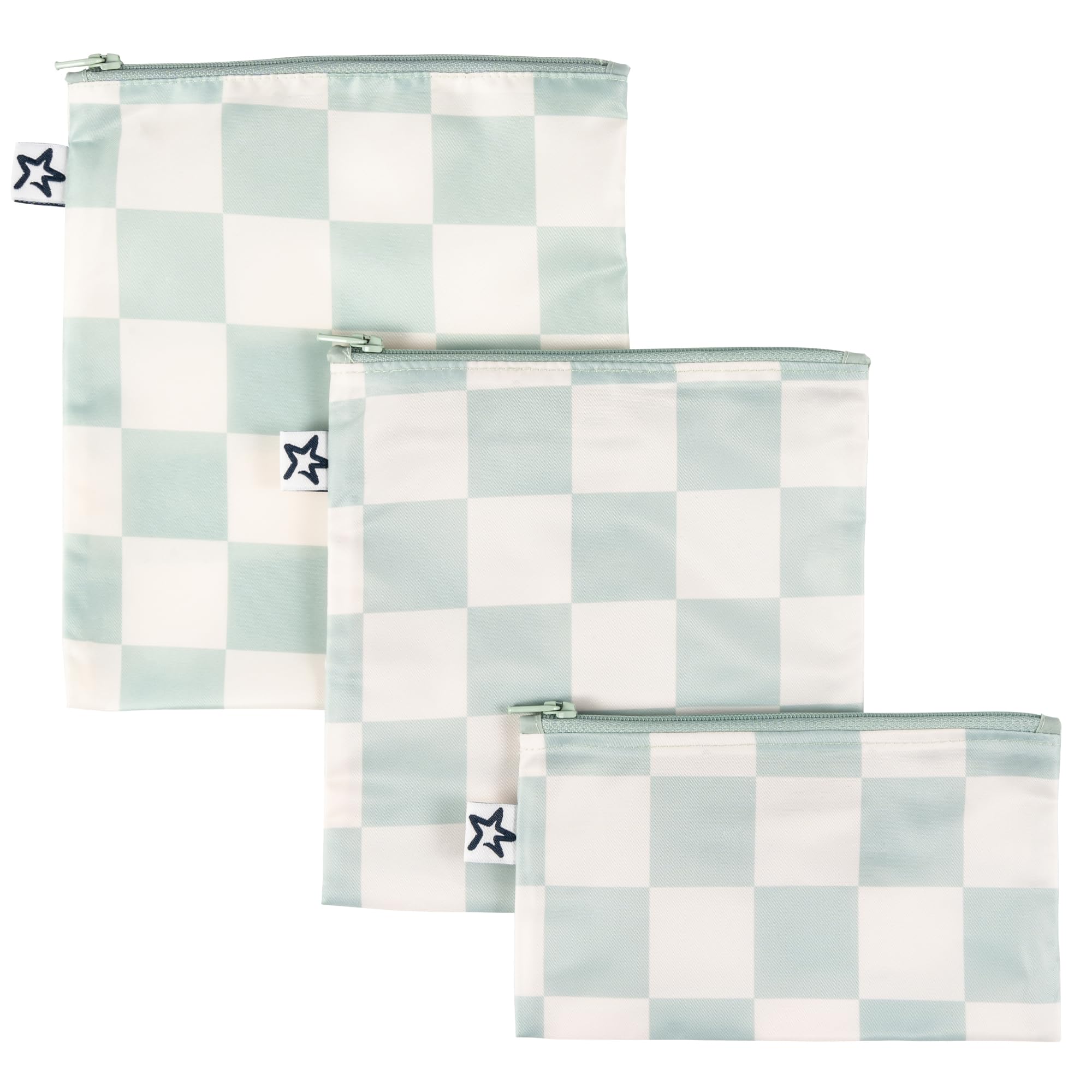 Tiny Twinkle 3 Pack Reusable Snack Bags - Machine Washable, PFAS, PVC, BPA, Phthalate-Free Reusable Baby and Toddler Food Safe Snack Bags (Sage Checkers)