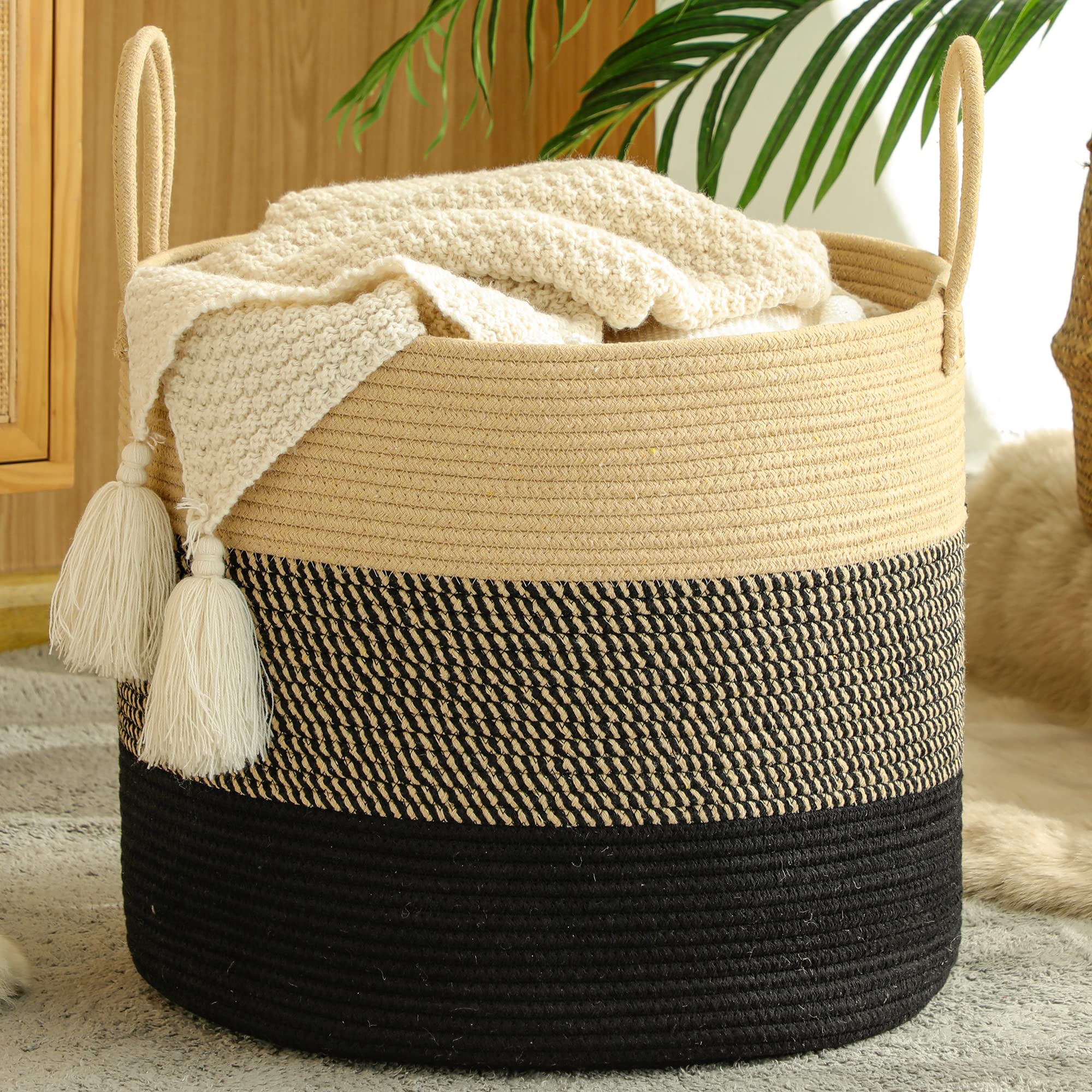 KAKAMAY Large Blanket Basket,Woven Baby Laundry Hamper for Storage, Cotton Rope Blankets Baskets for Nursery, Laundry, Living Room, Pillows, Baby Toy Chest with Handles (Black)