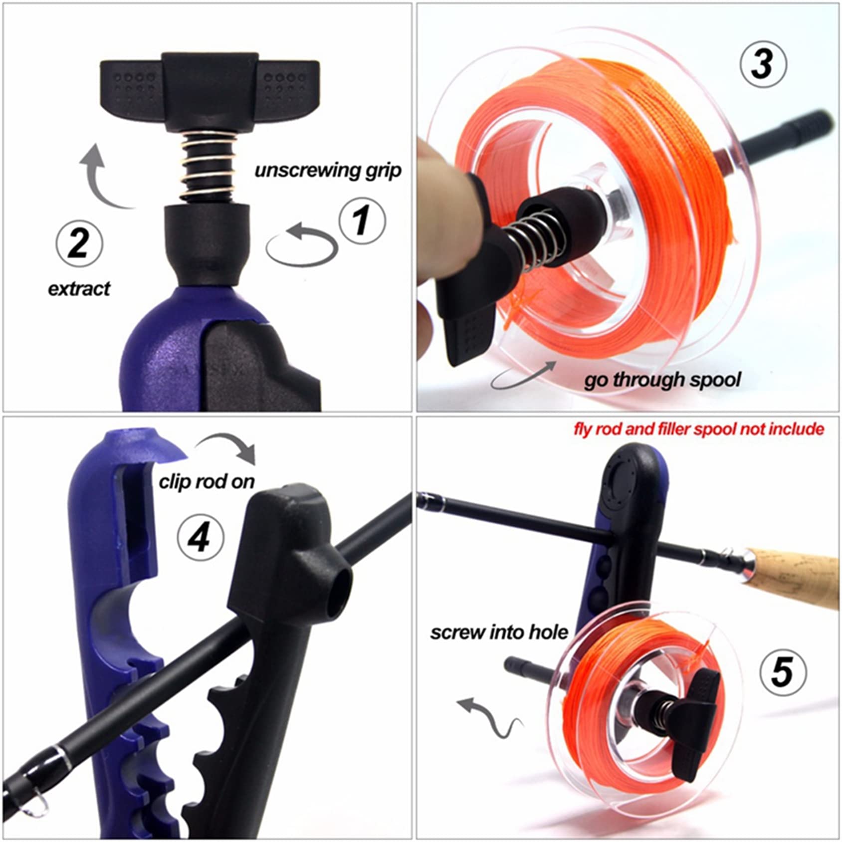 IEAKDCD Universal Portable Fishing Rod Spool Winder Adjustable Wire Clip Winder Board Spooling Tool(Blue Black)