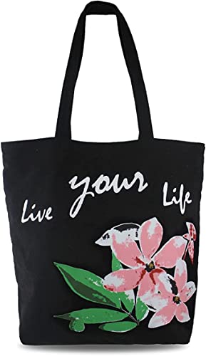 MEL JUN Canvas Tote Bag for Women, Light Beach Bags Gym Tote Reusable Grocery Bag Reading Totes Weekend Church Bag Black Floral Tote Bags with Pink Flower