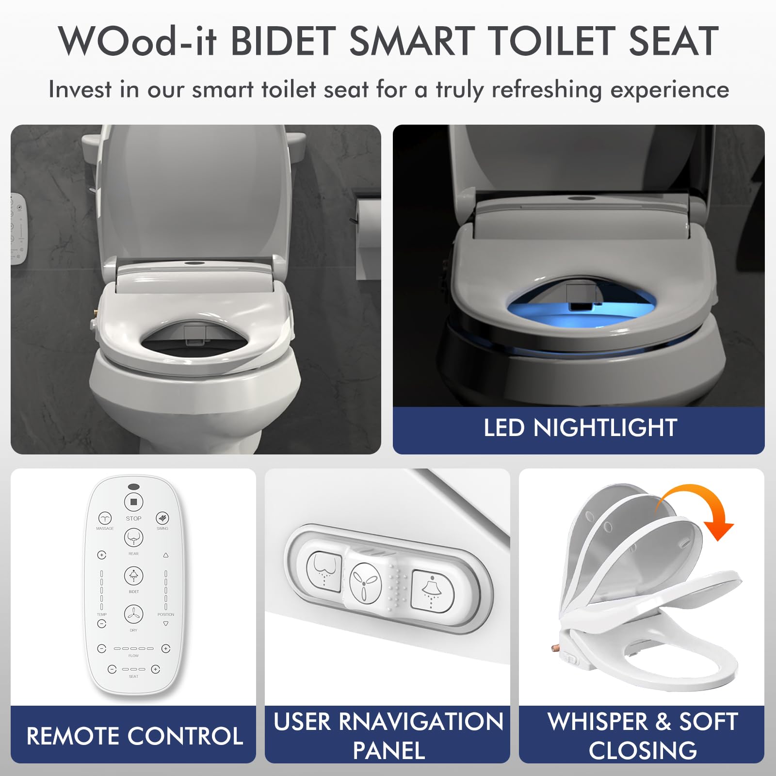 SWISH WEAVERS Smart Bidet Toilet Seat with Wireless Remote and Side Panel, Multiple Spray Modes, Adjustable Heated Seat, Warm Water and Air Dryer, Auto LED Nightlight, White