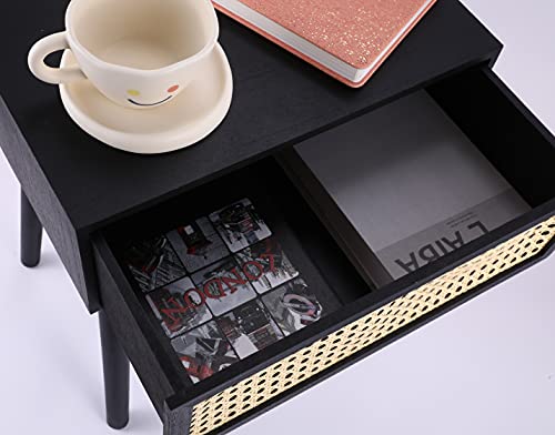 Rattan Nightstand, Small End Table with Storage (No Assembly Required), Black Side Tables Bedside Table Mid-Century Modern Style Coffee Table for Living Room Bedroom Balcony Office
