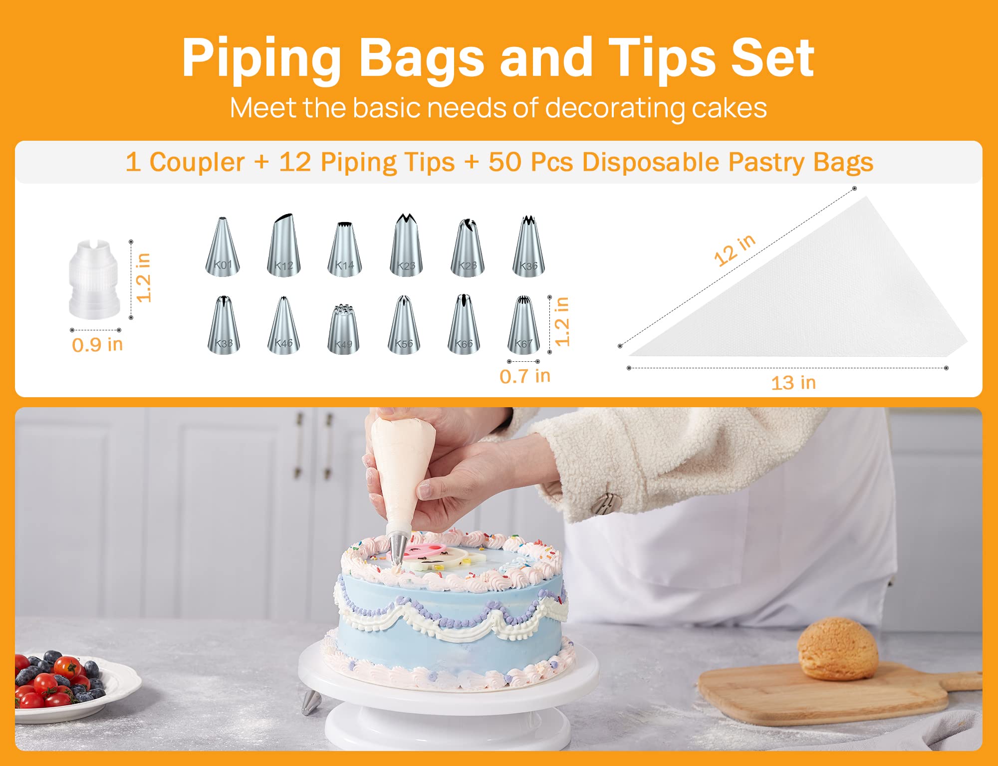 Kootek 69pcs Cake Decorating Supplies Kit, Cake Decorating Set with Cake Turntable Stand, 12 Numbered Icing Piping Tips, 50 Pastry Bags, Straight & Angled Spatula, 3 Scraper & Other Baking Supplies