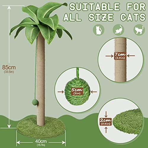 Kphico Cat Scratching Post for Indoor Cats,33.5" Tall Large Cat Scratching Post with Natural Sisal Rope,Kitten Scratcher with Simulated Leaves & Hanging Ball,Send 1 Cat Teasing Stick and 2 Catnip