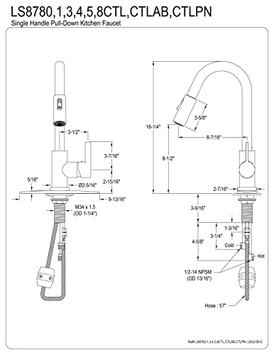 Kingston Brass LS8783CTL Continental Pull-Down Sprayer Kitchen Faucet, Brushed Brass