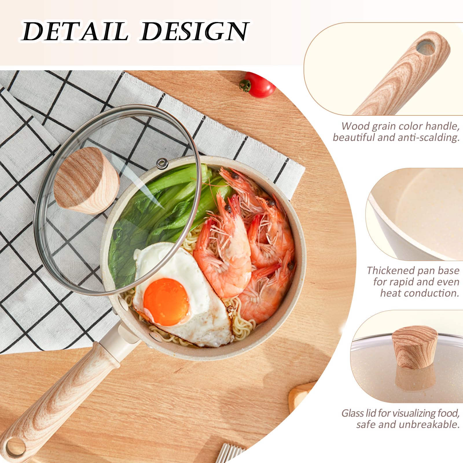 Sauce Pan With Lid, 1 Quart White Small Pots for Cooking with Nonstick Coating, Sauce Pot With Lid, Wooden Handle, PFOA Free, Suitable for Gas, Induction, Electric,Ceramic Stove (1 Quart)