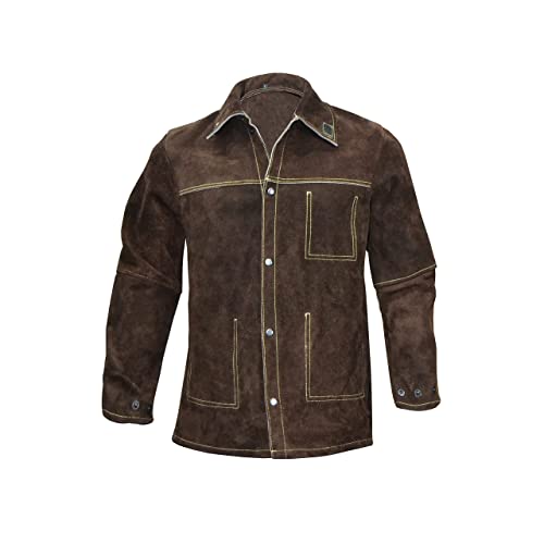 Leather Welding Work Jacket | Flame-Resistant Heavy Duty Split Cowhide Leather Jacket | Welder Coat for Men & Women (as1, alpha, s, regular, regular, Brown)