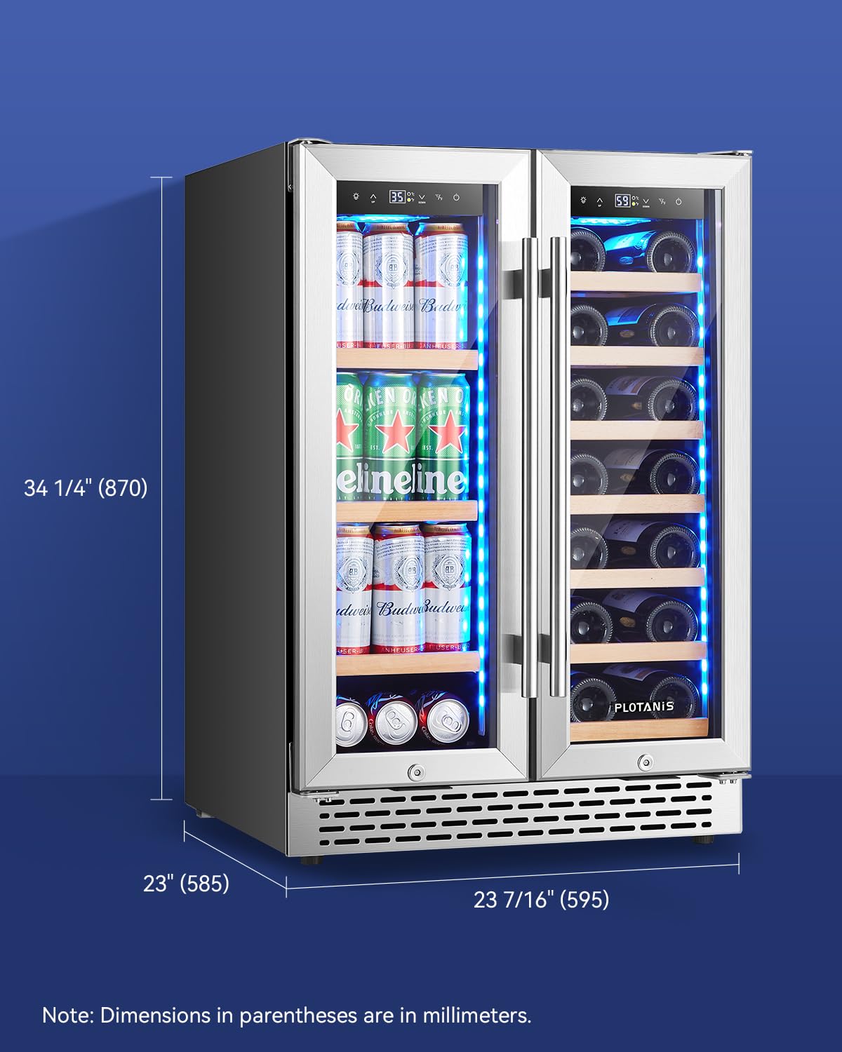 Plotanis 24 Inch Wine Fridge Dual Zone 20 Bottles 60 Cans Wine Refrigerator Built-in or Freestanding Wine Beverage Cooler with Glass Door, 3-Color Light, Safety Lock
