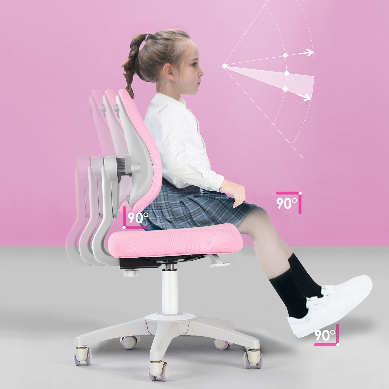 Swivel 360° Armless Kid Chair Comfy, Adjustable Height Student Chair, Seat Depth Adjustable, Home School Ergonomic Computer Activity Chair with Sit Brake Casters, Kids Chair for Classroom