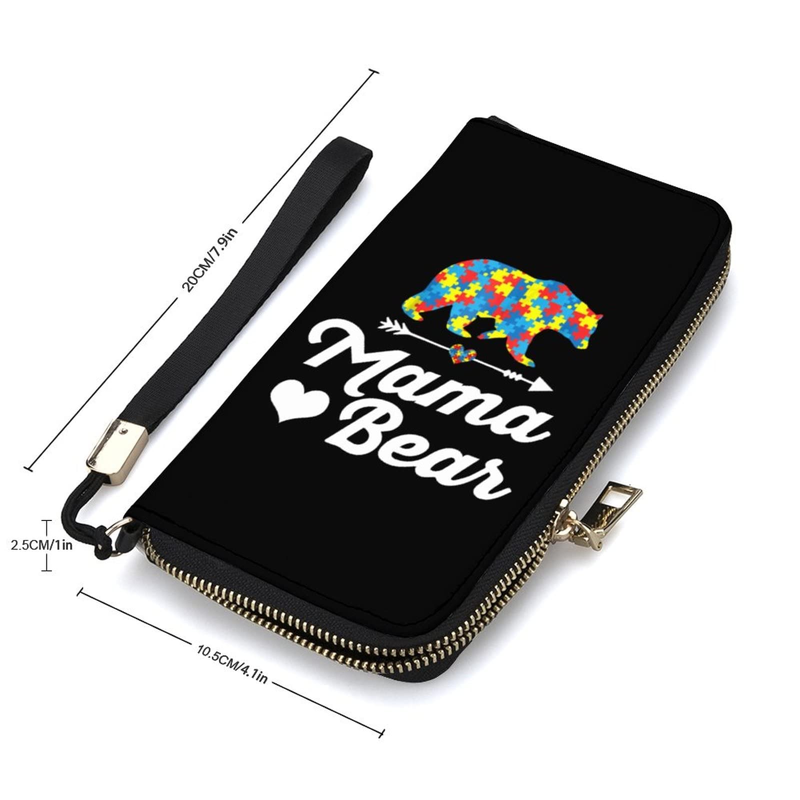 Mama Bear Autism Awareness PU Leather Vertical Wallet Zipper Long Clutch Purse Fashion Handbag with Wristlet Strap for Women