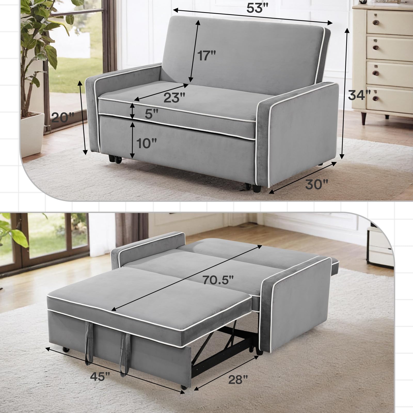 Rovibek 3 in 1 Convertible Sleeper Sofa Bed Pull Out Couch Futon Loveseat Velvet Chaise Lounge with 2 Pockets and 2 Pillows for Living Room, Ash Grey