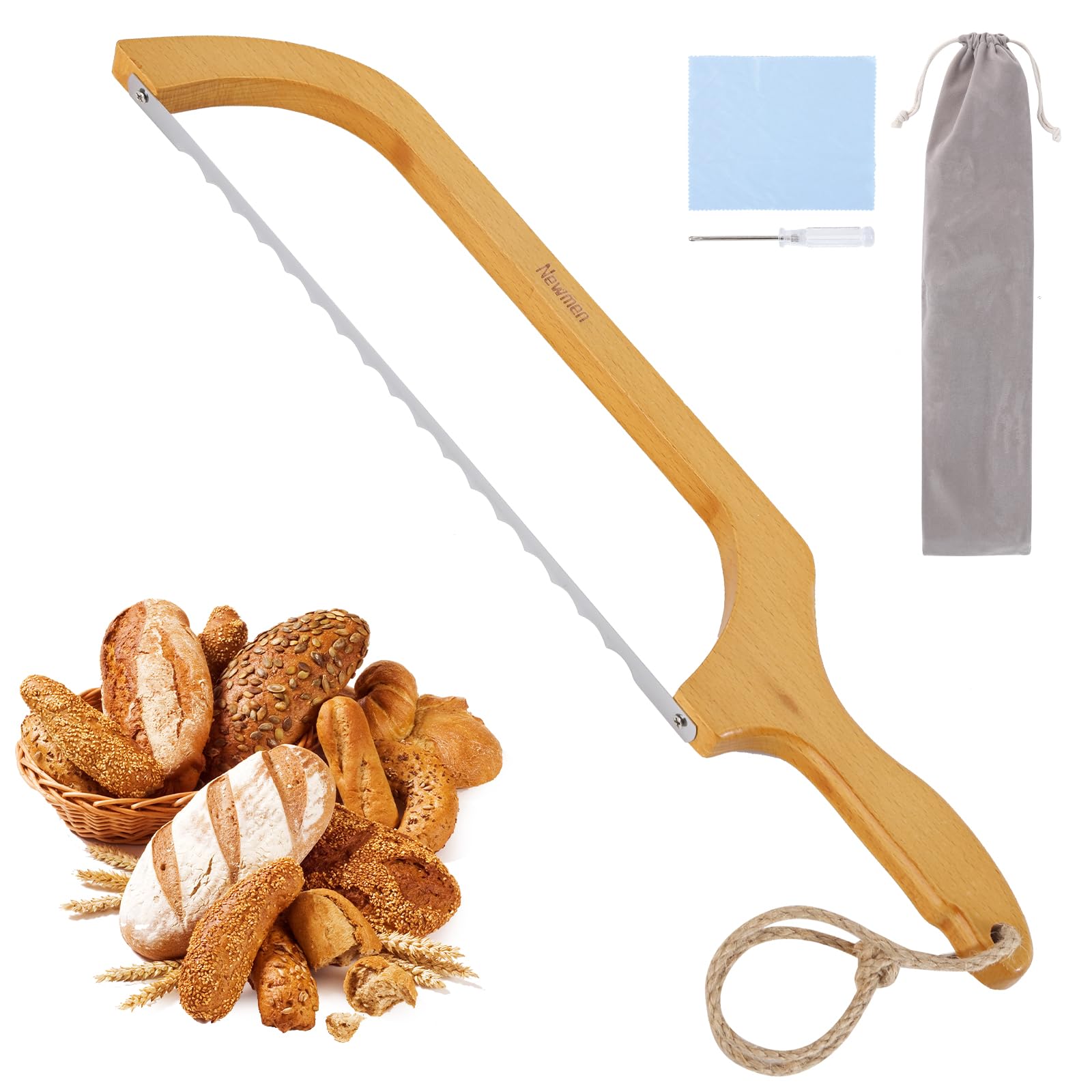 NewmeniDesign Sourdough Bread Knife with Bag: 16'' Sharp Sourdough Slicer with Knife Protector - Cuts Easily Bread Bow Knife for Every Kitchen - Durable Wooden for Fruit Cake Cheese and Baking