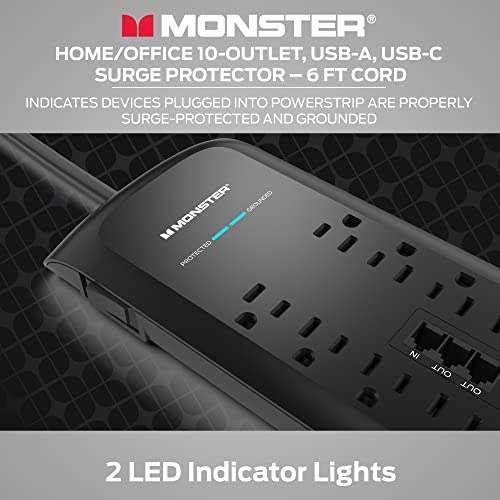 Monster Black Heavy Duty Surge Protector Power Strip 6 ft Cord with 10 120V-Outlet Extension, 2 Ethernet Switch Ports, 4050J Rating, 1 USB-A, and 1 USB-C Charging Ports β Ideal for Computers & Offices