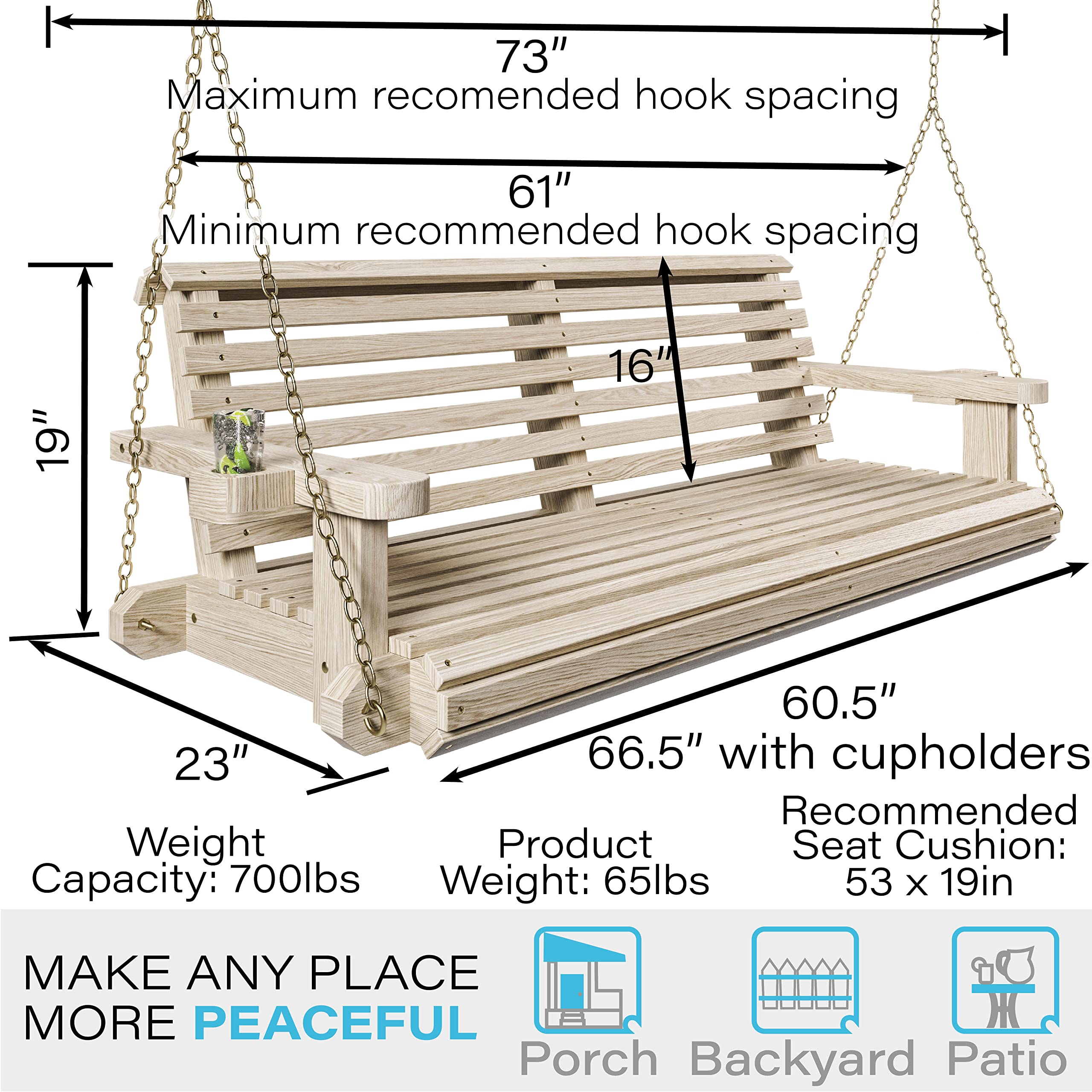Porchgate Amish Heavy Duty 800 Lb Roll Comfort Treated Porch Swing W/Chains (5 Foot, Unfinished)