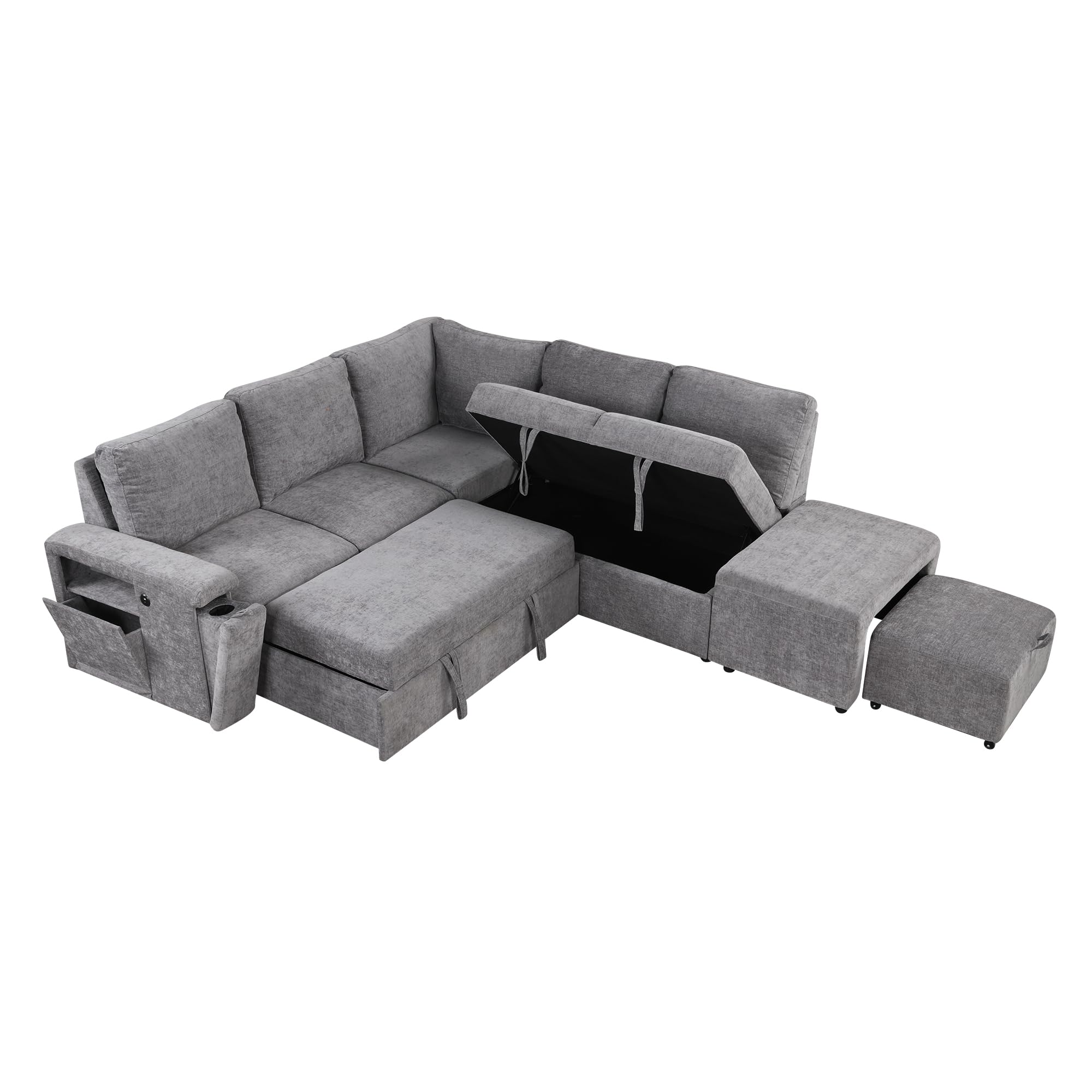 Olodumare L-shaped Oversized Modular Padded Cloud Sectional Fabric Sofa Set with Pull Out Bed, Convertible Sectional Couches with Storage Space, USB Ports, and Cup Holders for Living Room Office(Grey)