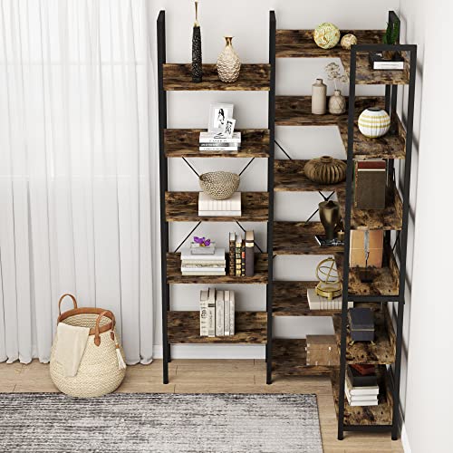 PAKASEPT 6-Shelf Corner Bookshelf, Triple Wide 6-Tier Bookcase, Large Modern Corner Shelf with Metal Frame, Open Bookshelves for Living Room Home Office, Rustic Brown