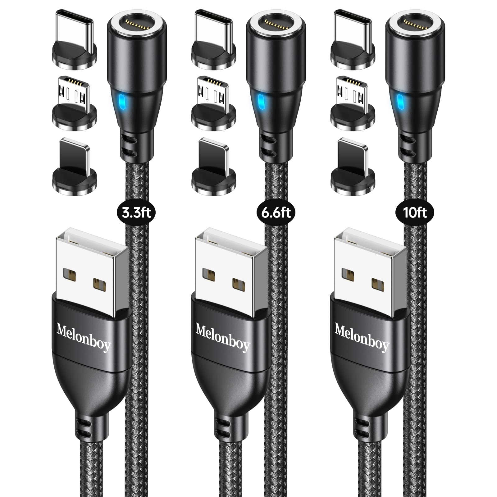 Melonboy Fast Charging Magnetic Charging Cable[3-Pack, 3.3ft+6.6ft+10ft], Gen9 Magnetic Cable 9V/2A Fast Charging and Data Transfer Magnetic Phone Charger Compatible with Micro USB, Type C…