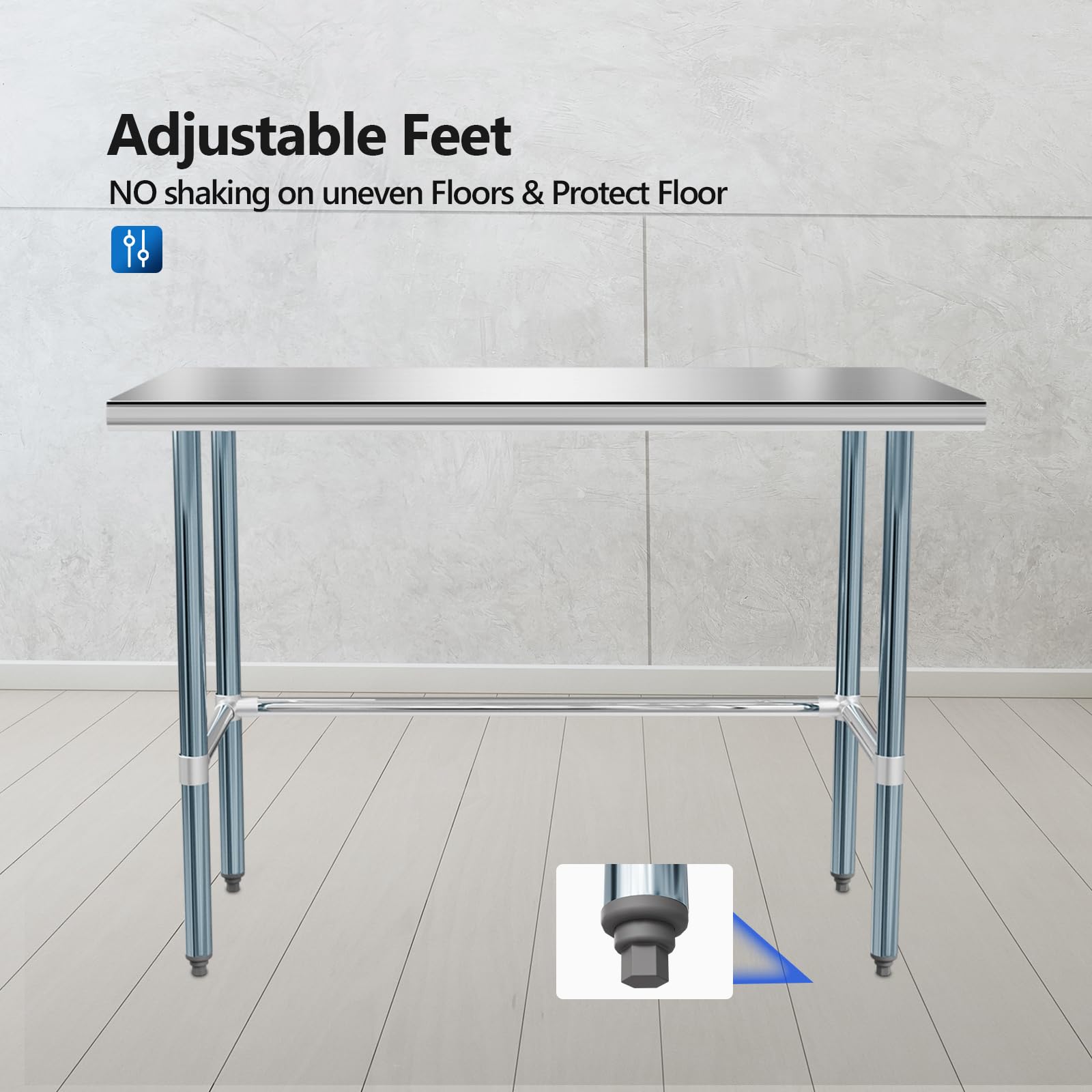 ROVSUN 60" x 24" Stainless Steel Open Base Table, NSF Commercial Metal Table, Heavy Duty Prep & Work Table with Galvanized Legs for Home Kitchen, Restaurant,Hotel, Garage, Laundry, Utility