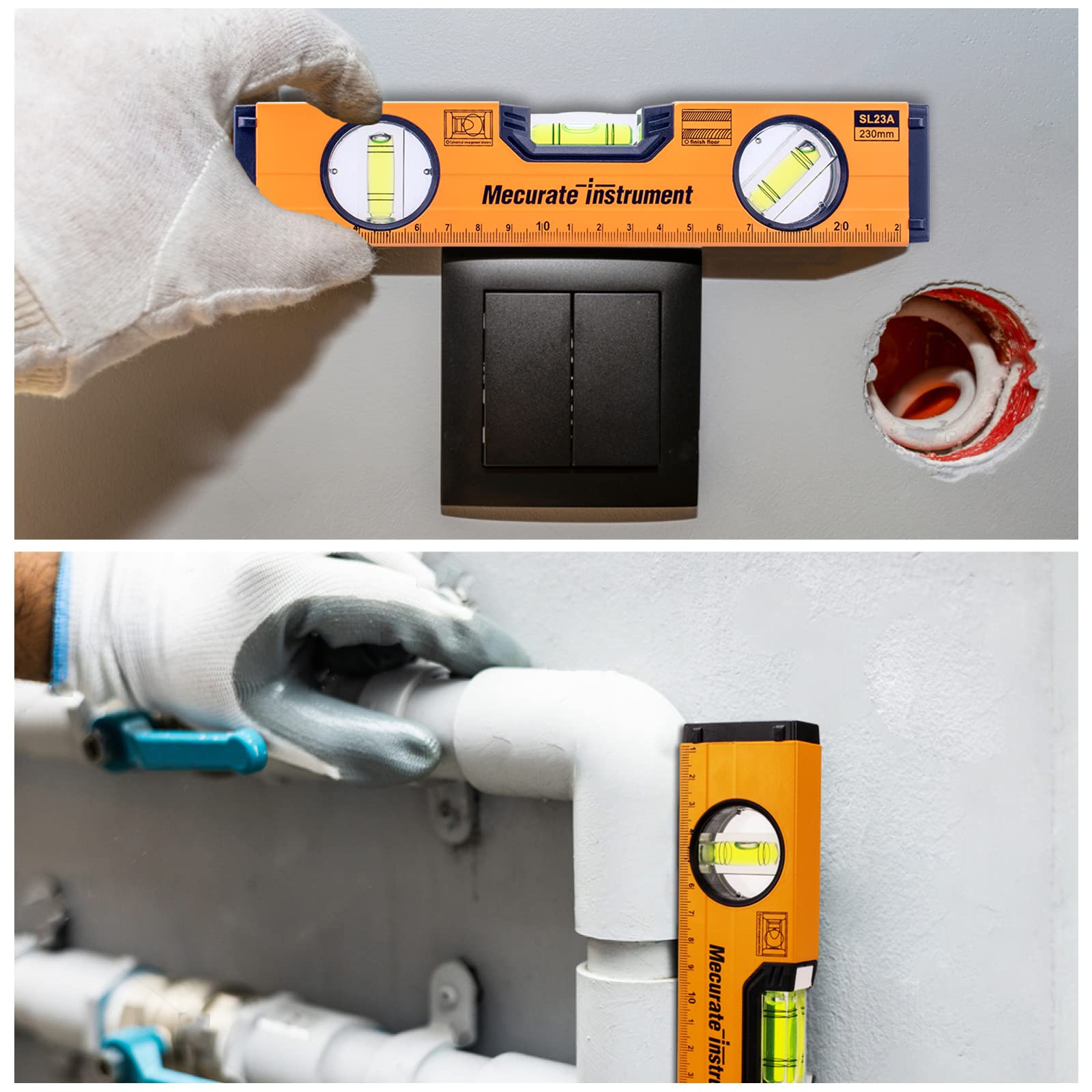 Mecurate Instrument Level Tool, 9 inch, 230mm, Metric&Inch Double Scale Magnetic Torpedo Level and Ruler