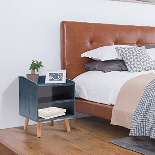 Small Bedroom Nightstand/Minimalist End Table/Side Table/Little Table - with 2 Open Storage Cabinets/Solid Wood Legs,Modern Bedside Night Stand for Bedroom, Living Room(Blue )- Easy Assembly