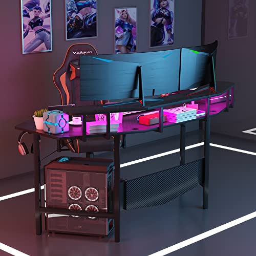 PAKASEPT Gaming Desk with Led Lights, 70.9” Large Wing-Shaped Desk, Carbon Fiber Surface Gaming Table with Monitor Stand, Headphone Hanger & Cup Holder & Dual Slots